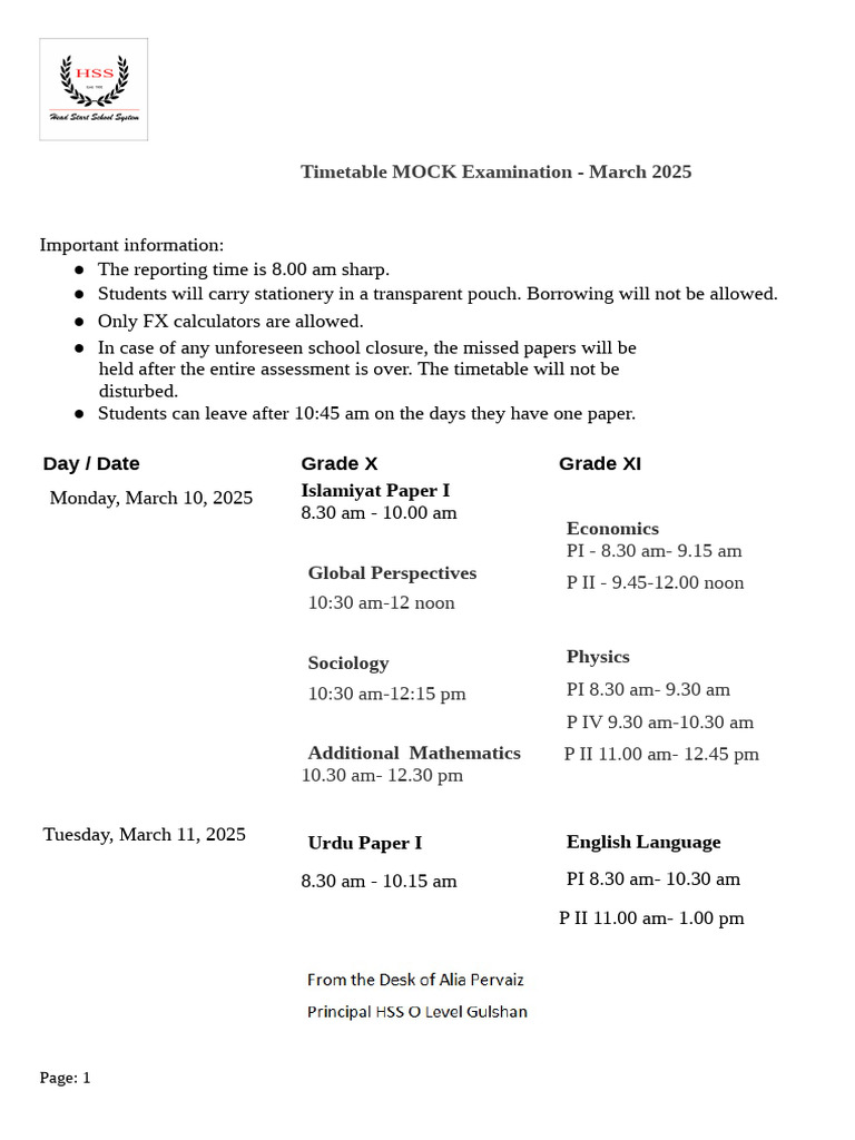 Timetable - MOCK Examination | PDF | Science