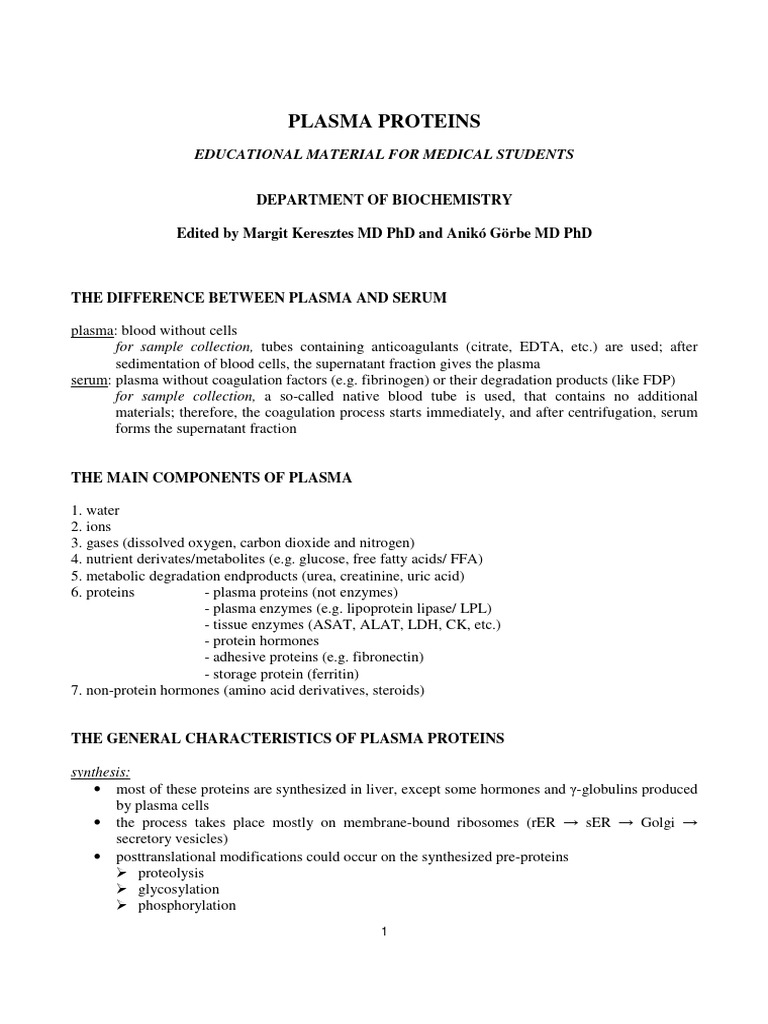 Understanding Plasma Proteins in Medicine | PDF | Blood Plasma ...