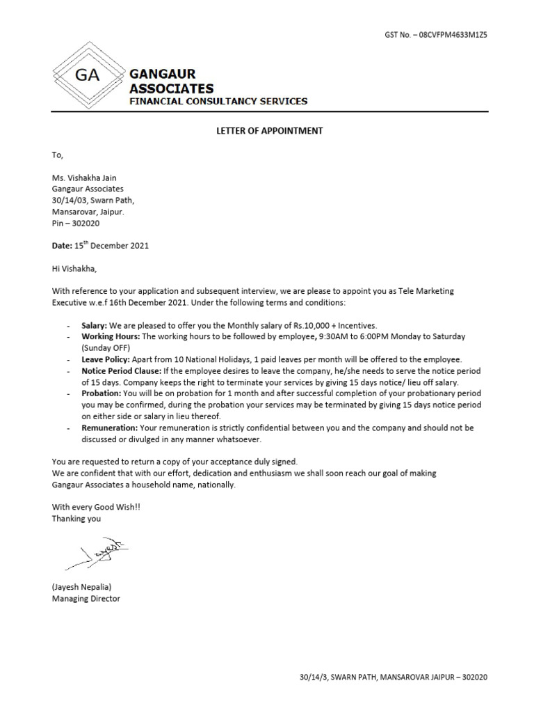 Vishakha Jain Appointment Letter | PDF