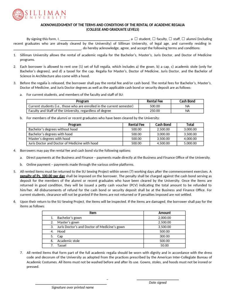 Toga Rental Terms for Silliman University | PDF | Higher Education
