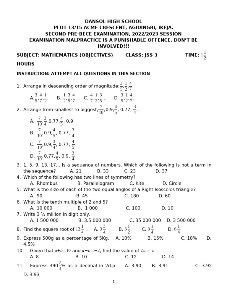JSS 3 Maths 2ND Term Exam 2022 2023 | PDF | Mathematics | Elementary ...