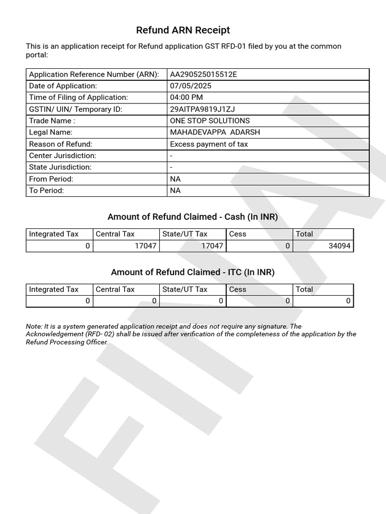 ARN_RECEIPT_GST RFD-01_29AITPA9819J1ZJ_XSPAY | PDF