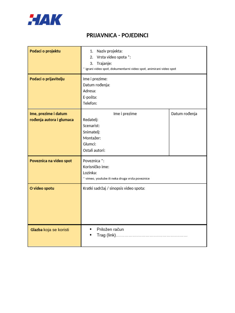 2023 Spot Prijavnica Pojedinci Samotablica | PDF