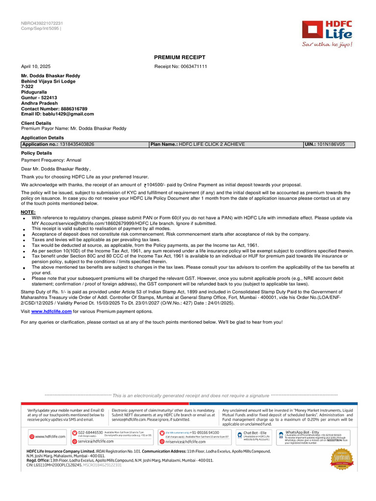 HDFC Life Premium Receipt - April 2025 | PDF | Taxes | Insurance