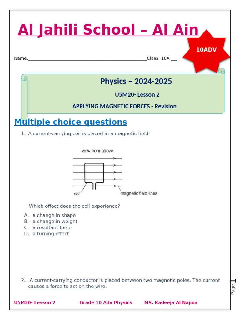 U5m120 - Lesson2 - Applying Magnetic Forces - Revision Worksheet | PDF ...
