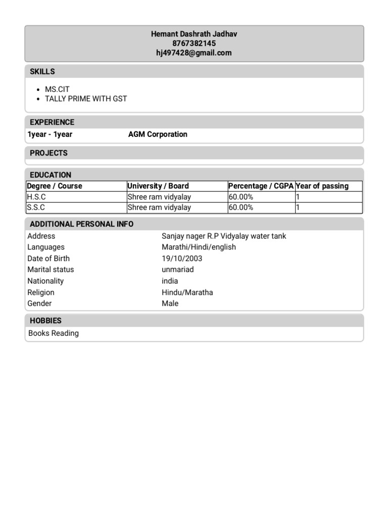 Hemant Dashrath Jadhav 8767382145 Skills | PDF