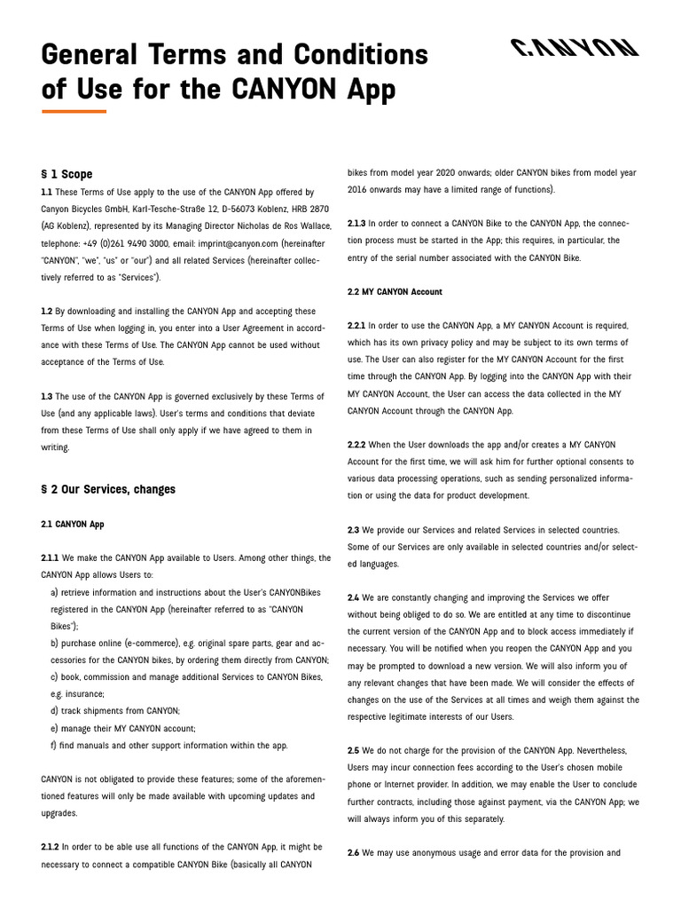Canyon App Terms and Conditions of Use English | PDF | Breach Of ...