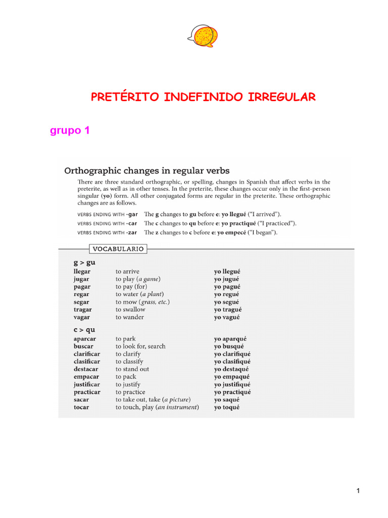 Pretérito Indefinido Irregular: Grupo 1 | PDF | Language Families ...