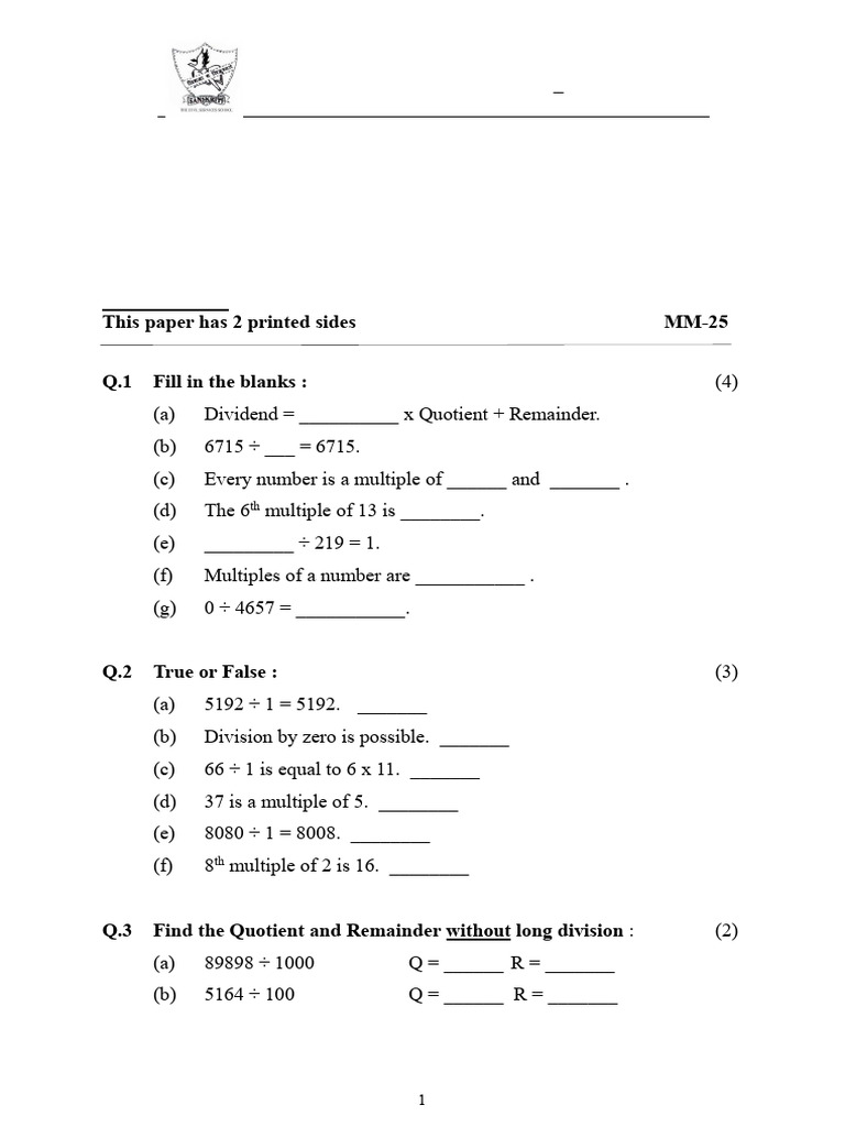 Class IV Maths UT-3 | PDF