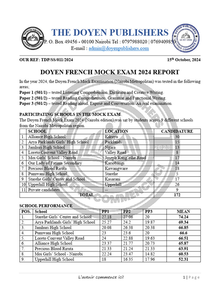 Doyen French Mock Exam 2024 Report | PDF | Vocabulary | Reading ...