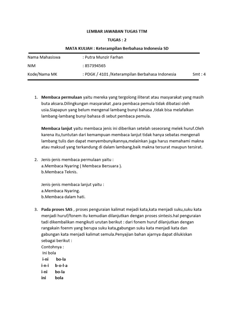 LEMBAR JAWABAN TUGAS TTM Keterampilan Berbahasa Indo 2 | PDF