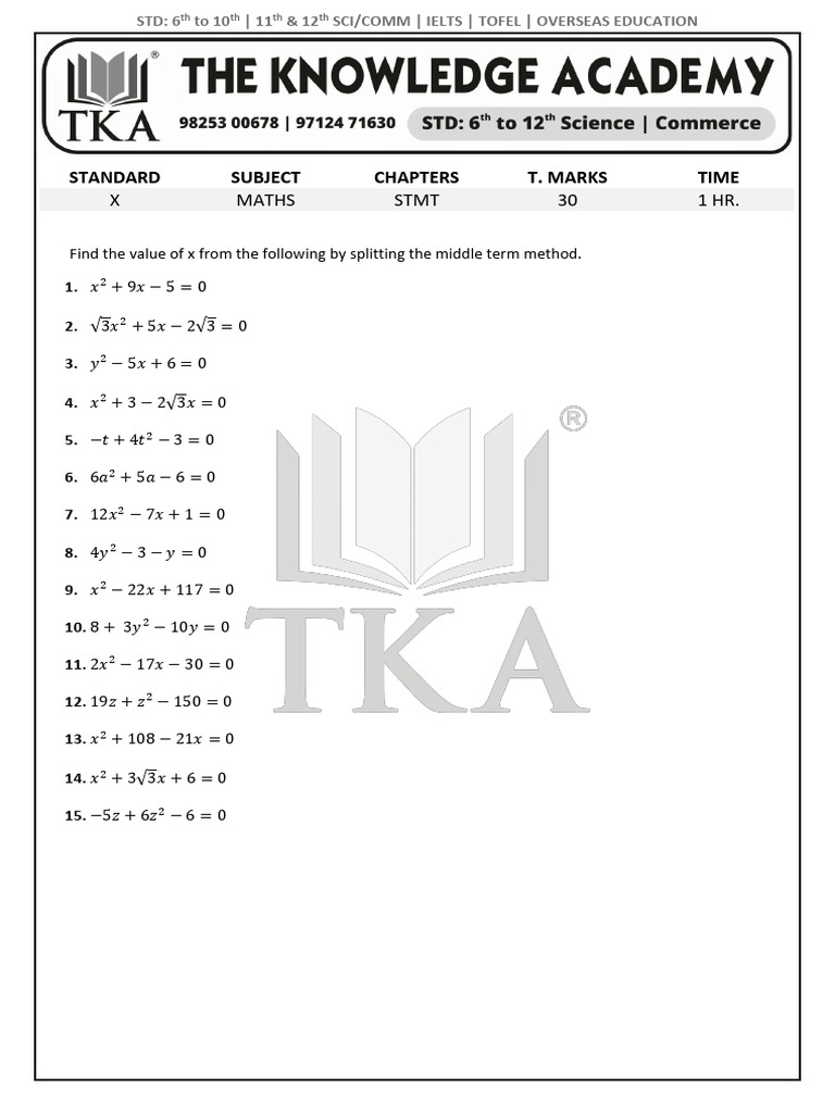 10 Maths Splitting The Middle Term | PDF