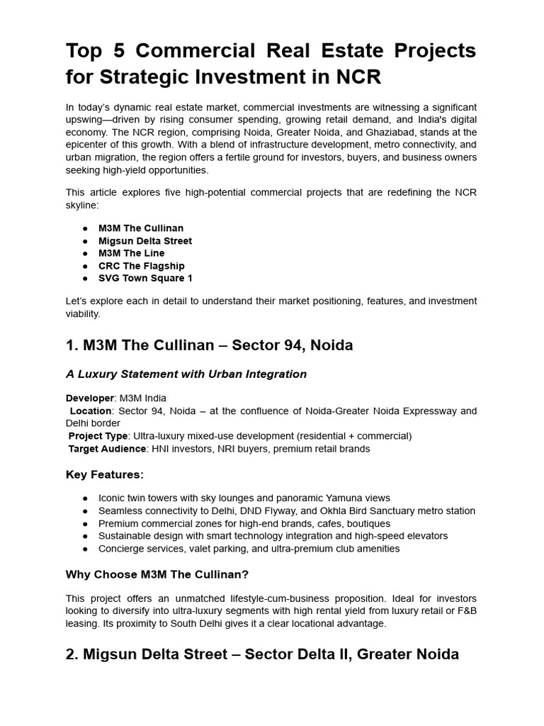 Top 5 Commercial Real Estate Projects For Strategic Investment in NCR | PDF | Retail | Economies