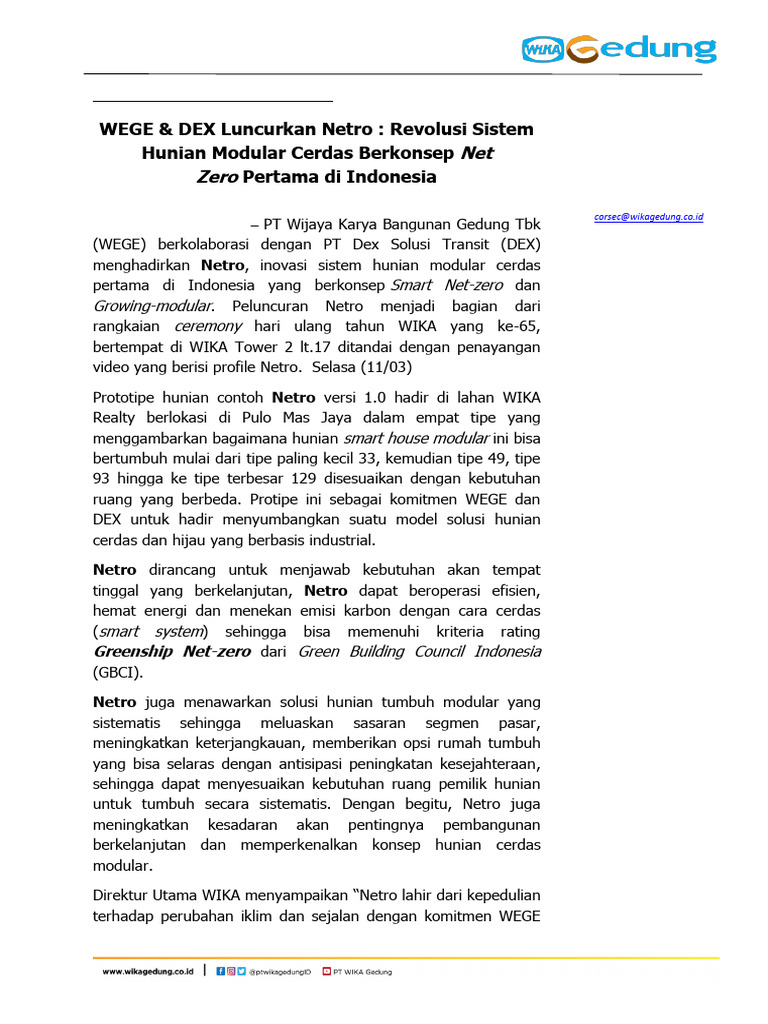 Net Zero: WEGE & DEX Luncurkan Netro: Revolusi Sistem Hunian Modular ...