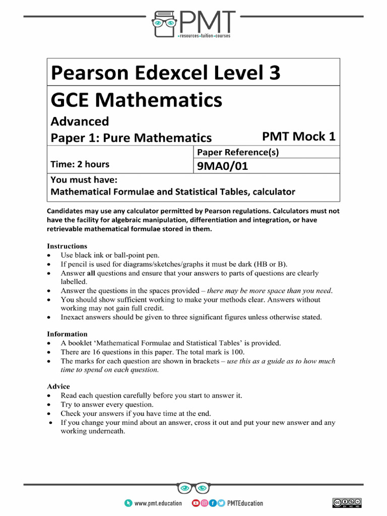 PMT Mock 1 QP - Paper 1 Edexcel Maths A-Level | PDF