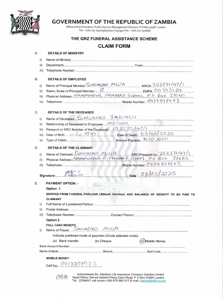 GRZ Funeral Assistance Claim Form | PDF | Payments | Financial Services