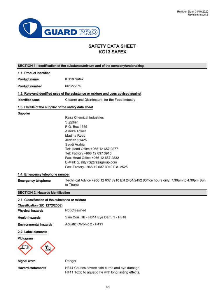KG13 Safex - SDS REV 31-10-2020 | PDF | Dangerous Goods | Toxicity