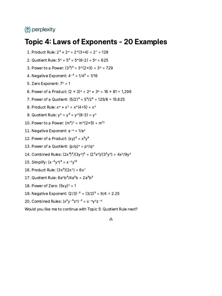 Topic 4 - Laws of Exponents - 20 Examples | PDF