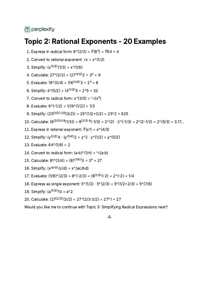 Topic 2 - Rational Exponents - 20 Examples | PDF