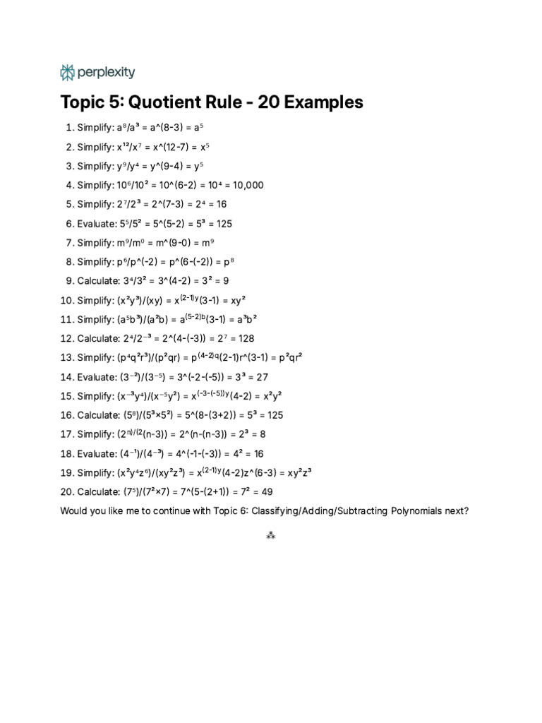 Topic 5 - Quotient Rule - 20 Examples | PDF