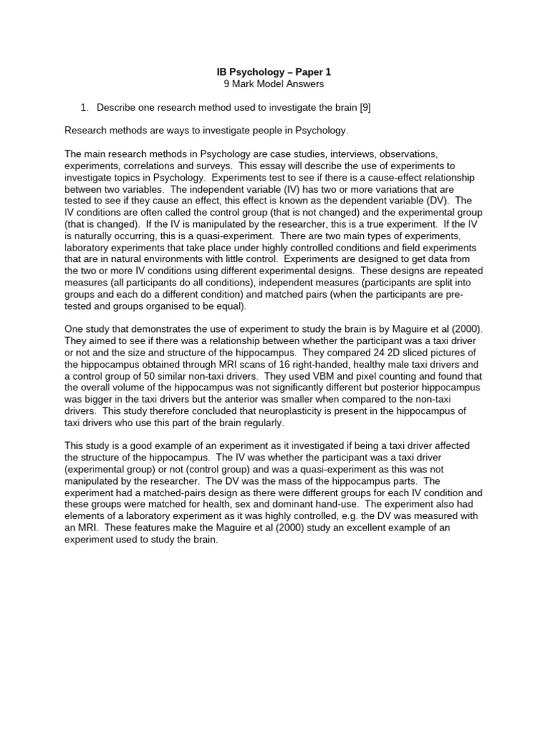 Research Method and The Brain SAQ Model Answer | PDF | Experiment | Psychology