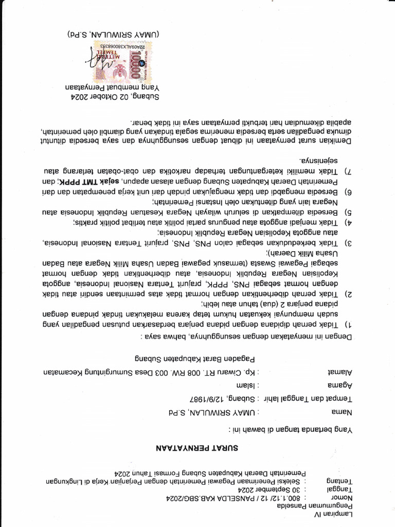 Surat Pernyataan Umay | PDF