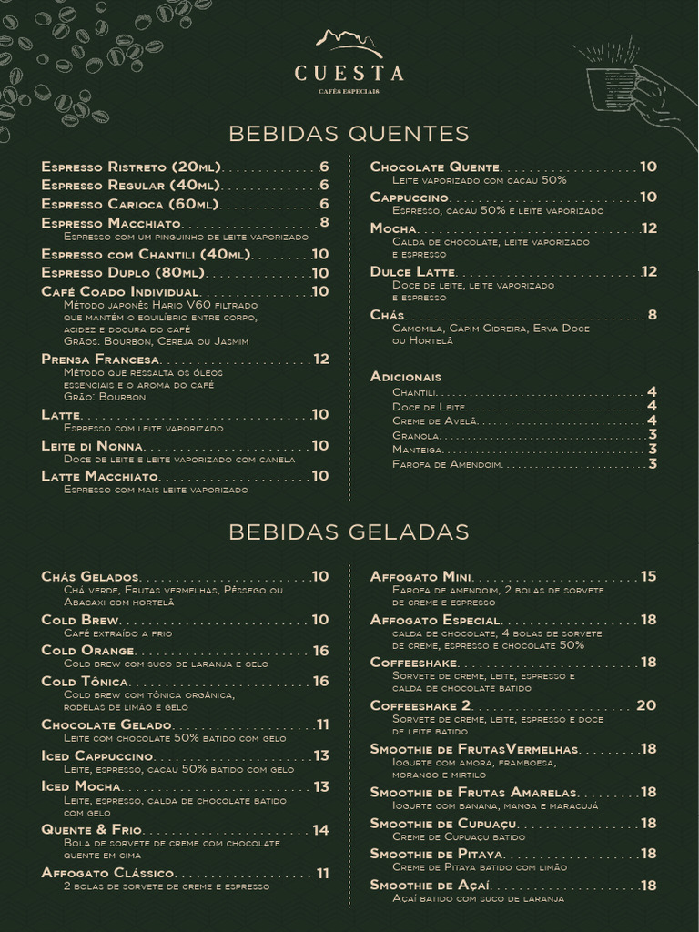 Cardápio de Bebidas Quentes e Frias | PDF | Chocolate | Chá