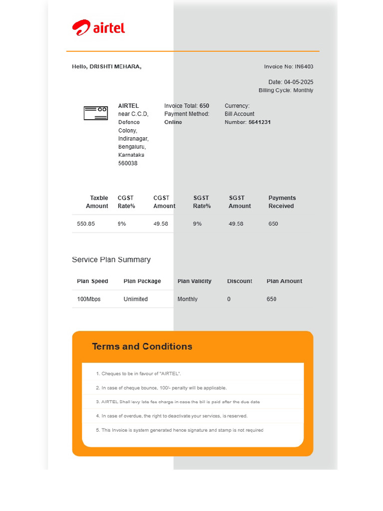 Airtel Wifi Bill - 4th May 2025 | PDF