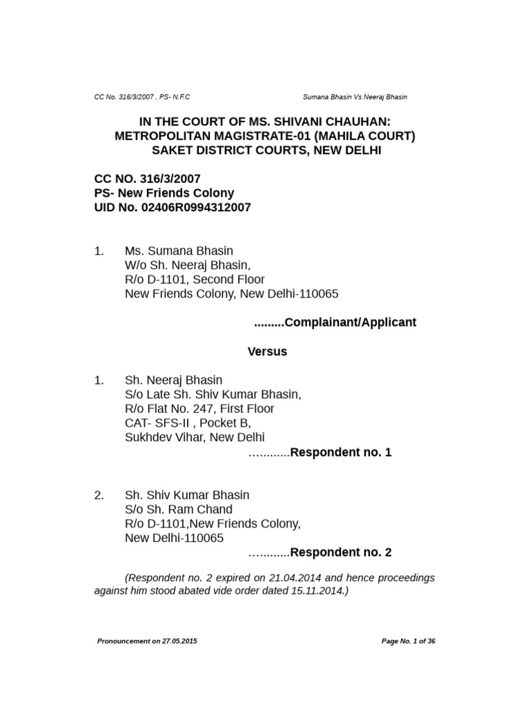 Sumana Bhasin Vs Neeraj Bhasin On 27 May 2015 | PDF | Affidavit | Domestic Violence