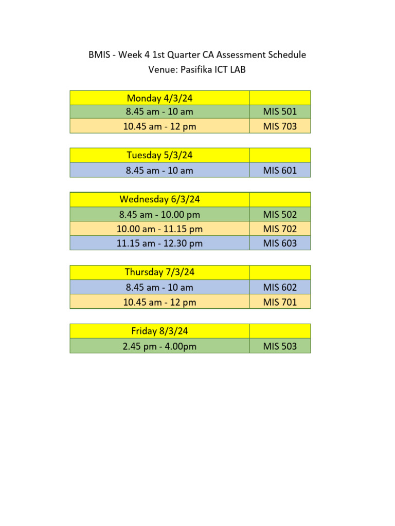First Quarter Semester 1 2024 CA Assessment Schedule | PDF