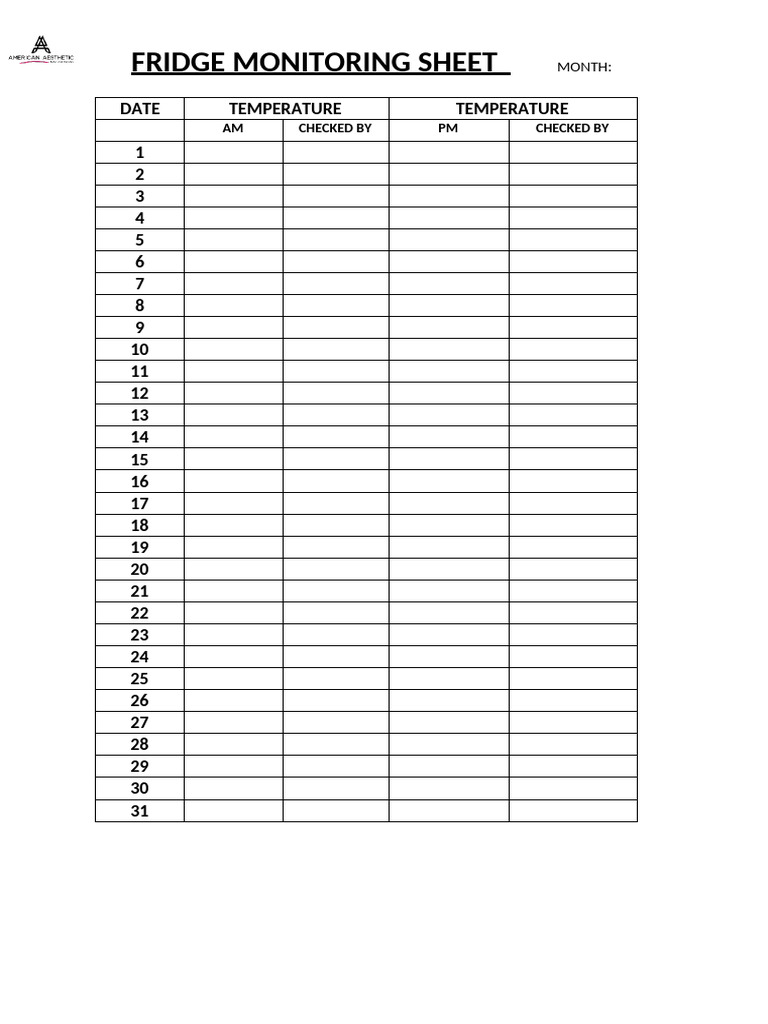 Fridge Temperature Monitoring Sheet | PDF