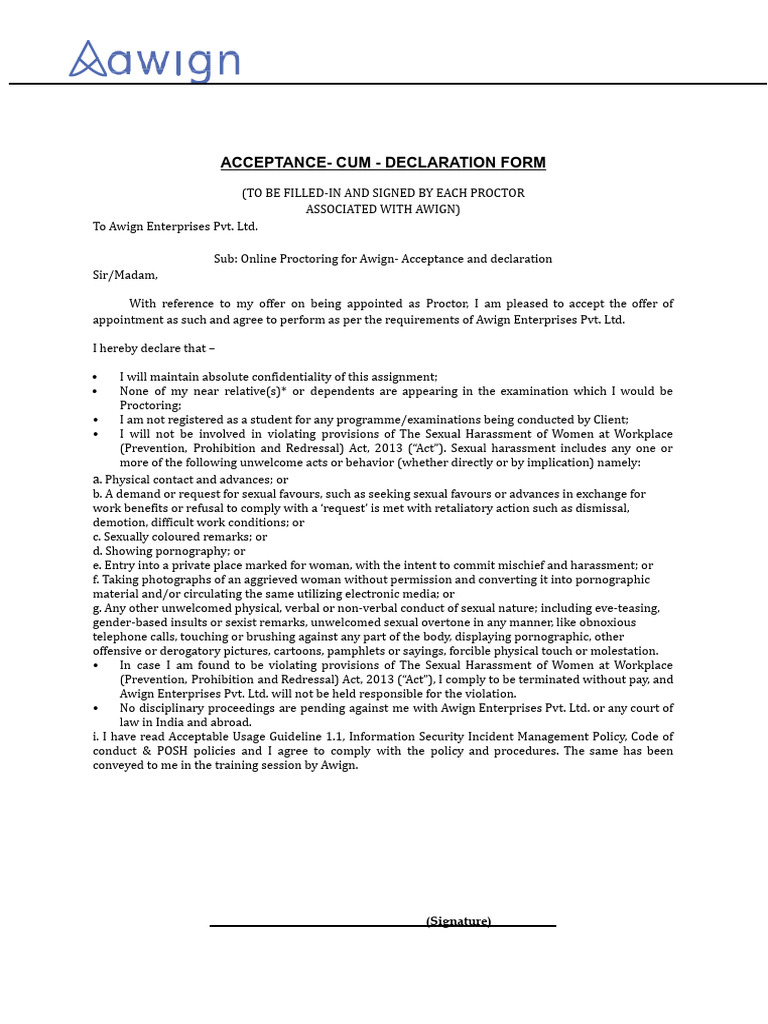 Declaration & POSH Policy For Proctors | PDF | Legal Remedy ...