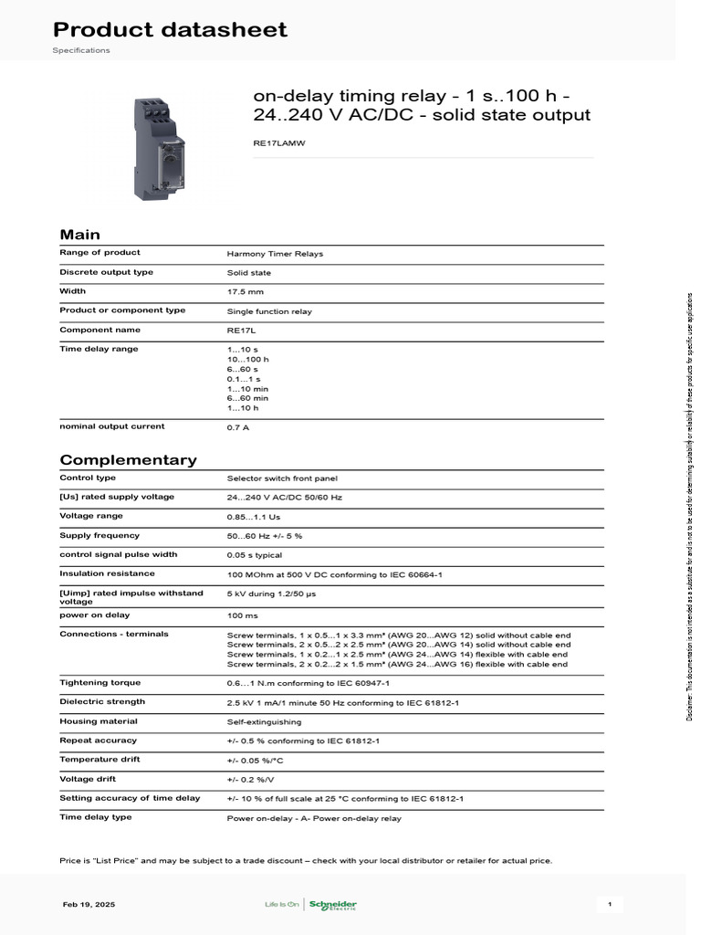 Schneider Electric - Harmony-Timer-Relays - RE17LAMW | PDF | Relay ...