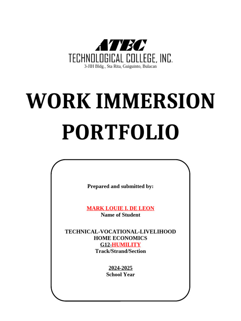 Senior High Work Immersion Portfolio | PDF | Learning | Behavior ...