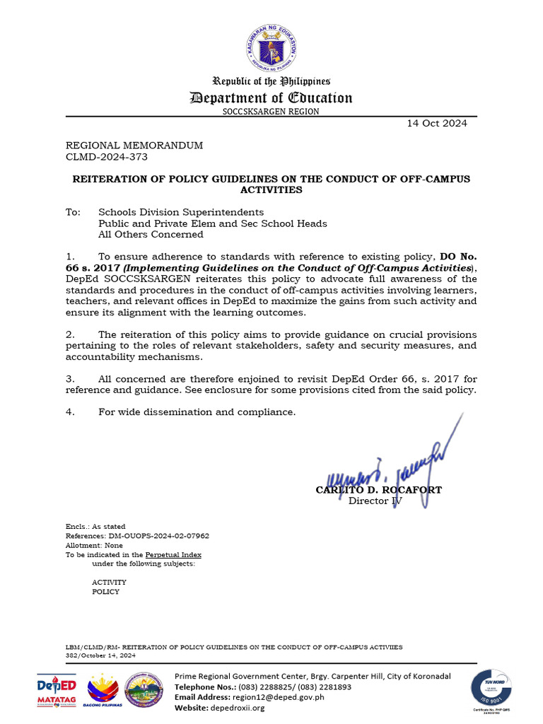 Regional Memorandum CLMD 2024 373 REITERATION OF POLICY GUIDELINES ON ...