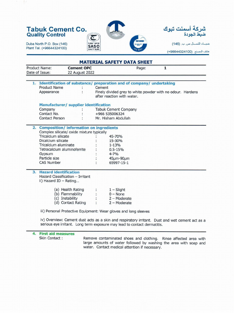 Tabuk Cement SDS | PDF
