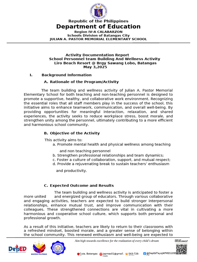 Team Building & Wellness Activity Report | PDF | Teachers | Team Building
