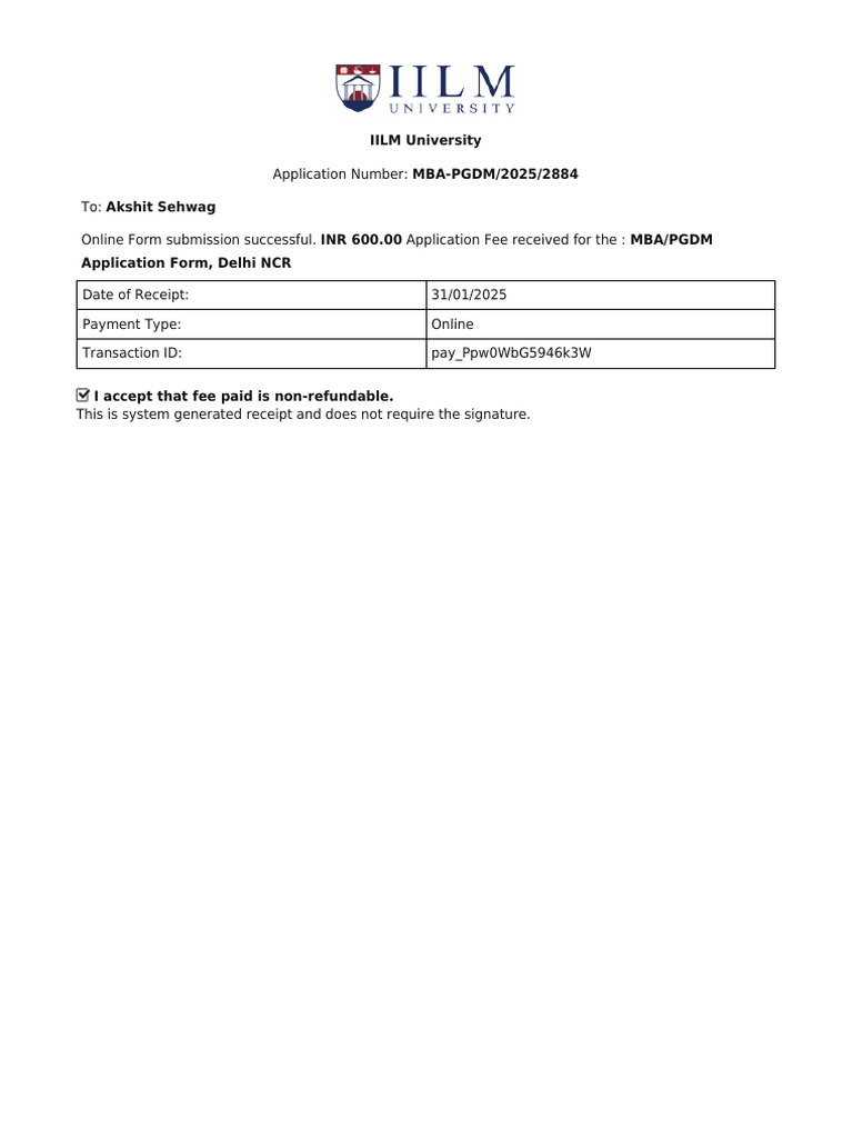 Acknowledgement Receipt MBA-PGDM 2025 2884 | PDF
