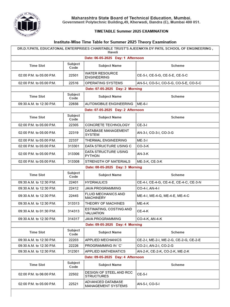Time Table For Summer 2025 Theory Examination | PDF | Engineering ...