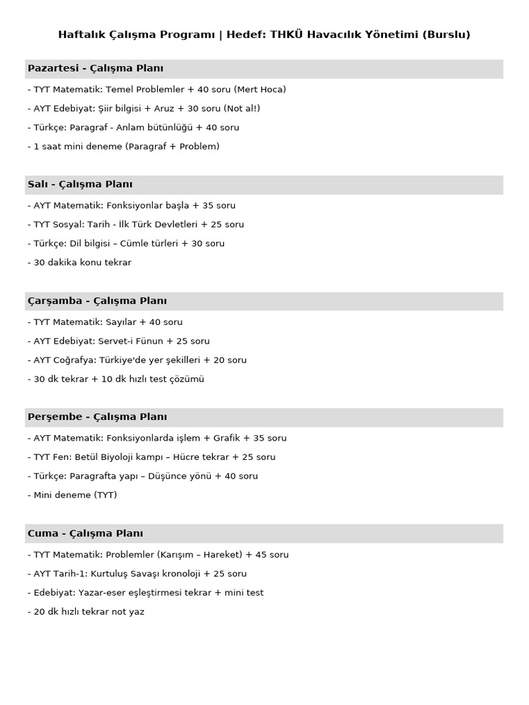 Haftalik Calisma Programi THKU Hedef | PDF