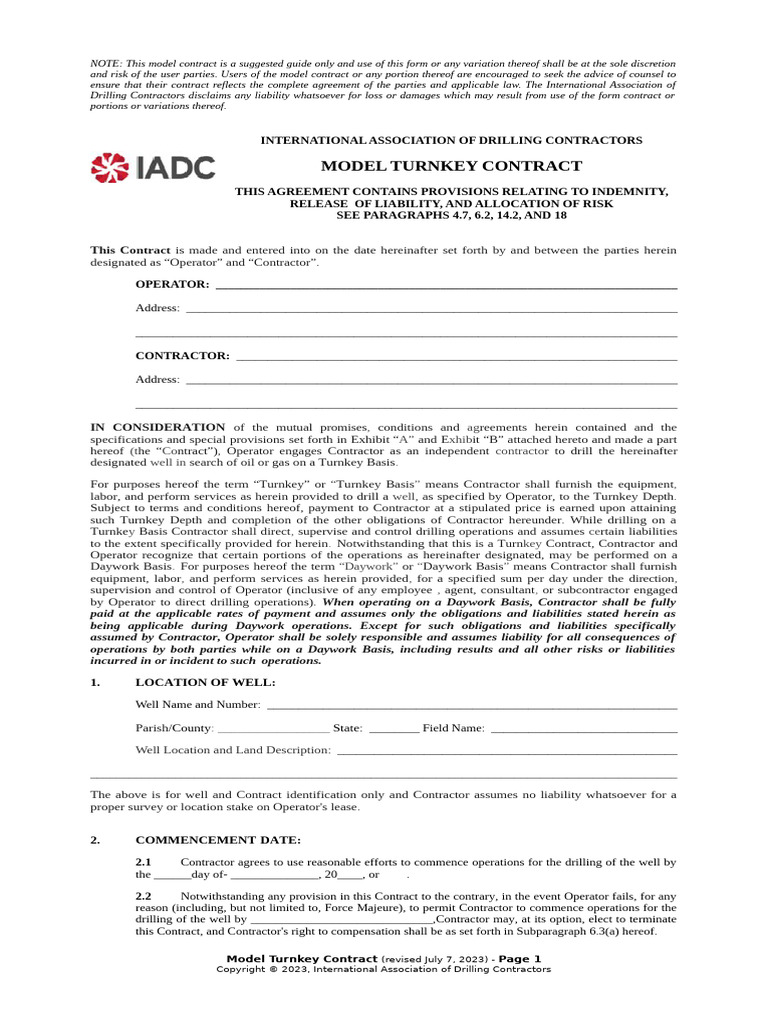 Daywork and Turnkey Contract Guide | PDF | Indemnity | Bankruptcy