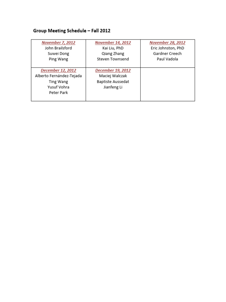 Group Meeting Schedule - Fall 2012-2 | PDF