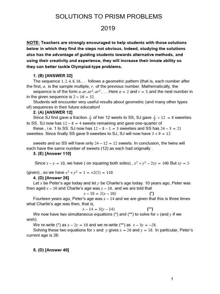 Solutions and Method PRISM 2019 | PDF | Triangle | Numbers