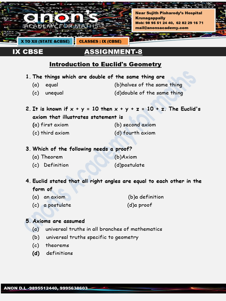 9 CBSE Chapterwise Assignment (8) - Introduction To Euclid GEOMETRY Anon's Academy | PDF | Axiom ...