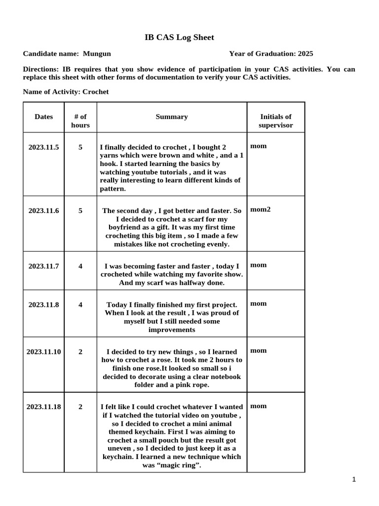 Mungun Cas Log Sheet - Activity | PDF | Crochet