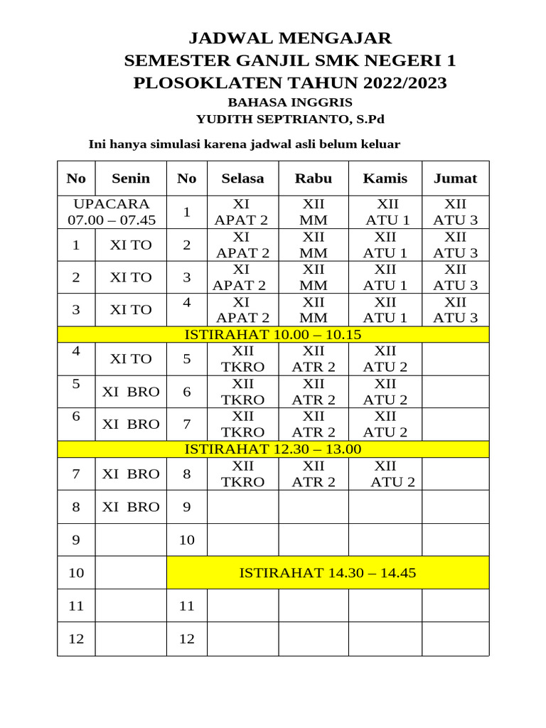 Jadwal Mengajar YUDITH | PDF