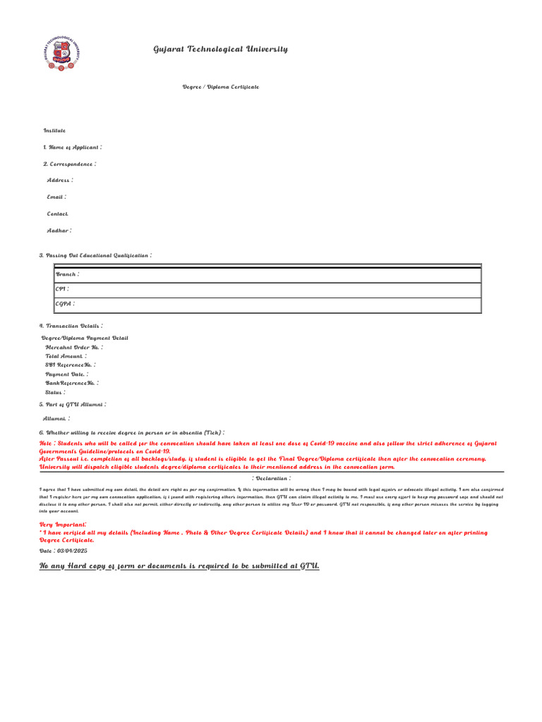 GTU Diploma Certificate Application Process | PDF