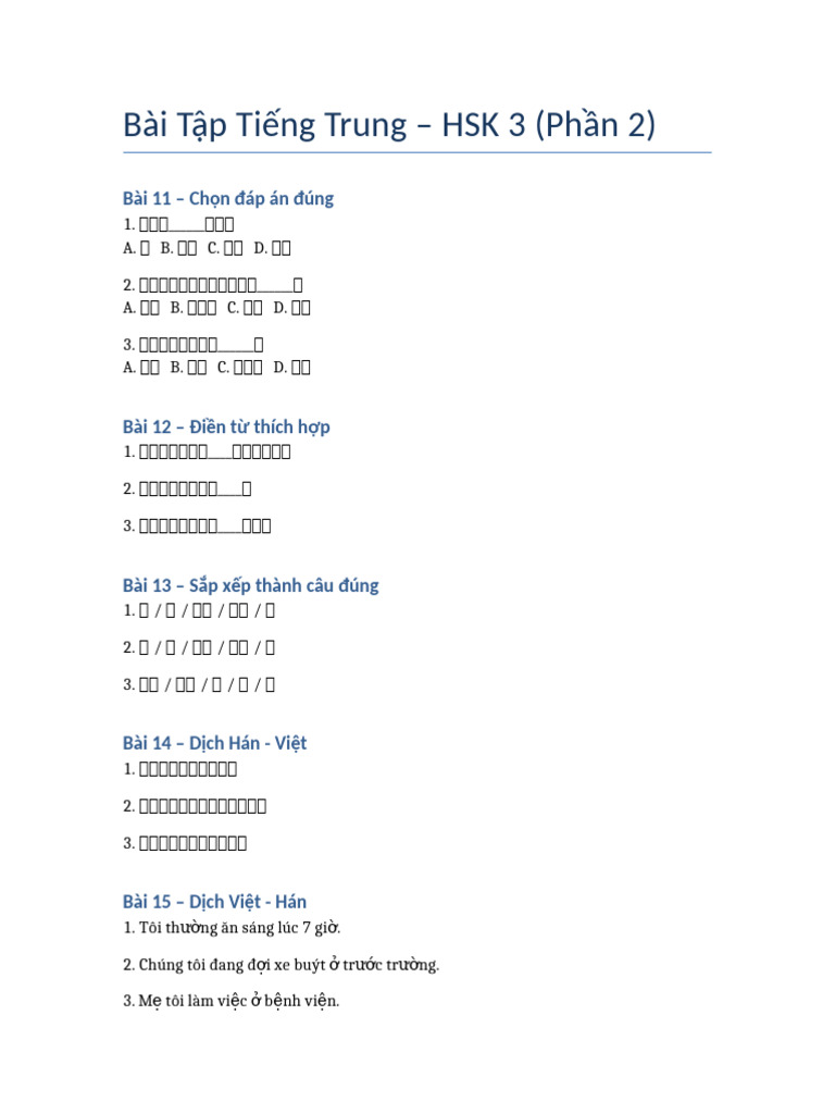Bai Tap Tieng Trung HSK3 P2 | PDF