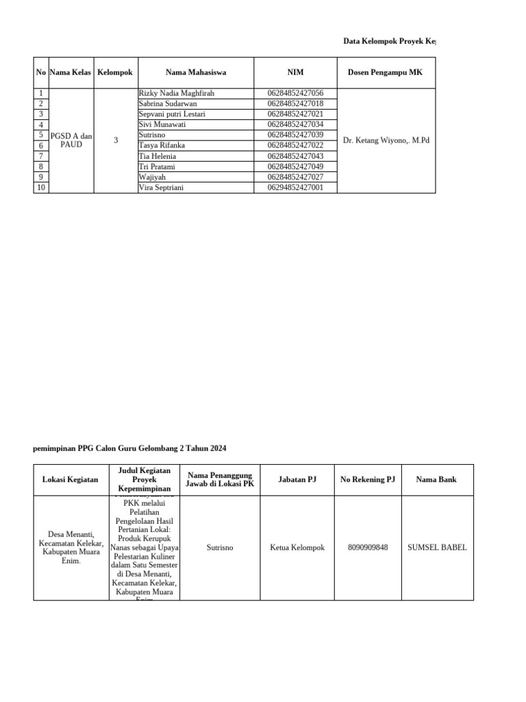 Data Proyek Kepemimpinan - PGSD A Dan PAUD | PDF