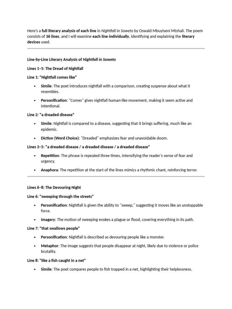 Line-by-Line Analysis of Nightfall in Soweto | PDF | Fear | Metaphor